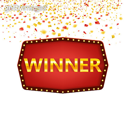 Winner congratulations vintage frame with glowing lamps, golden ...