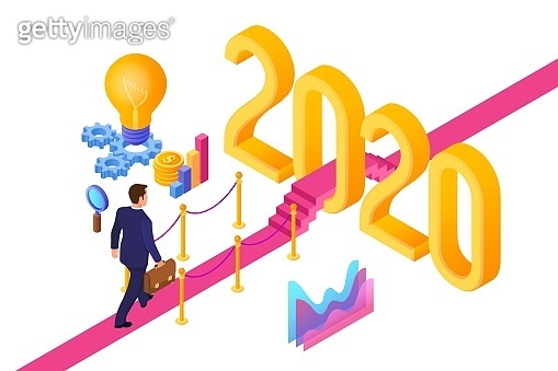 Welcome 2020. New Year. Path to New Year. Businessman with briefcase in ...