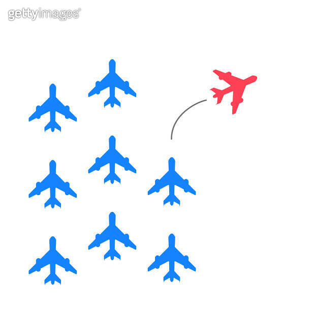 Red plane changes direction. New idea, trend, change, courage ...