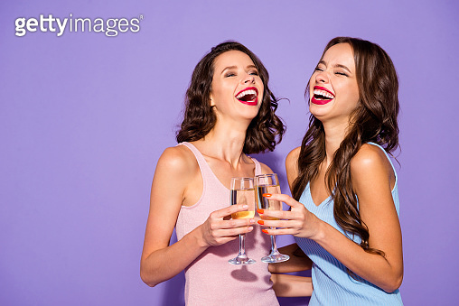 Close up portrait two stunning curly wavy she her ladies funny funky ...