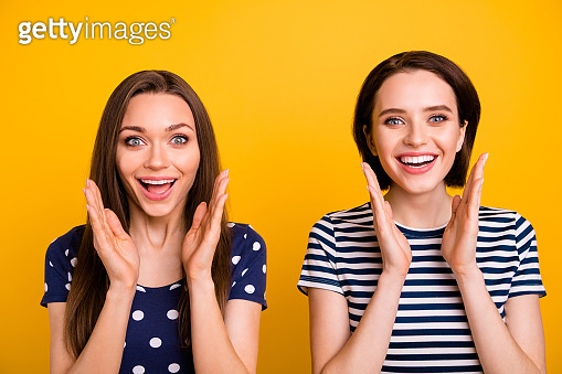 Close up photo of two amazing ladies staring on unbelievable low ...