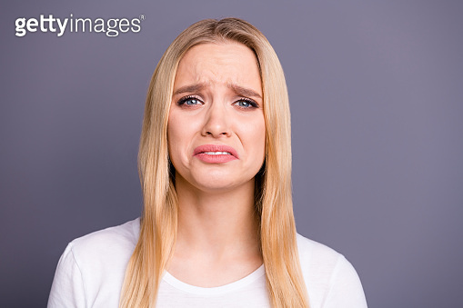 Close up photo beautiful amazing her she lady eyes full fear oh no ...