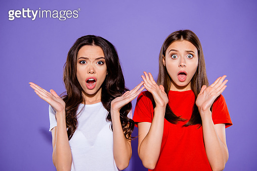 Close-up portrait of two nice lovely attractive charming wondered girls ...