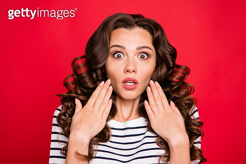 Close up portrait of cute attractive she her girl with crazy from fear ...