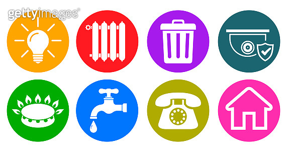 Utilities icons in flat style: water, gas, lighting, heating, phone ...