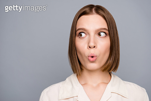 Close up photo shocked beautiful amazing she her lady look side empty ...