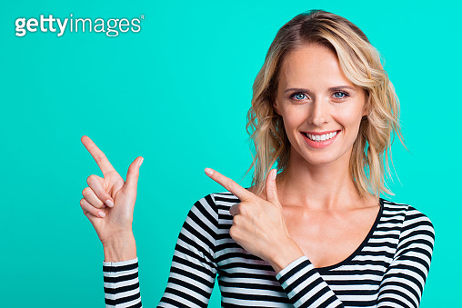 Style stylish lady with her finger pointer indicate demonstrate ...