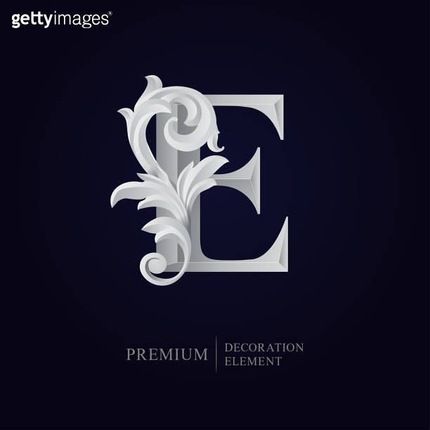 Elegant letter E with floral baroque ornament. Serif capital letter is ...