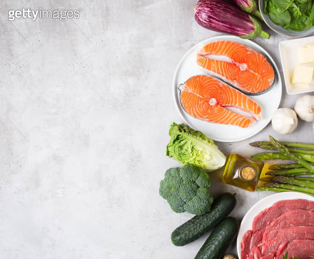 Atkins Diet food ingredients on concrete background, health concept ...