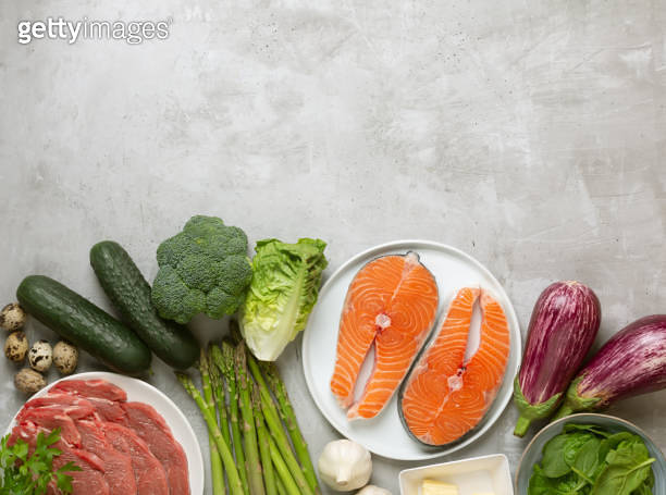 Atkins Diet food ingredients on concrete background, health concept ...