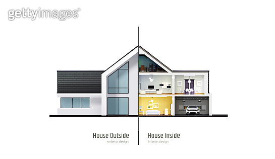 House in cross-section. Modern house, villa, cottage, townhouse with ...