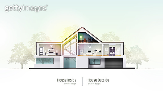 House in cross-section. Modern house, villa, cottage, townhouse with ...