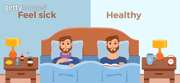 Sick men in bed the symptoms of cold, flu and feel good healthy male ...