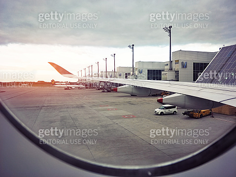 exterior Munich International Airport photo from inside throught window ...