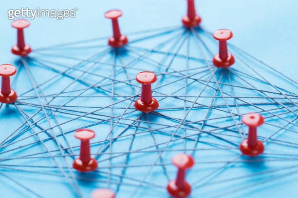 Small network of pins (Thumbtack)and string, An arrangement of colorful ...