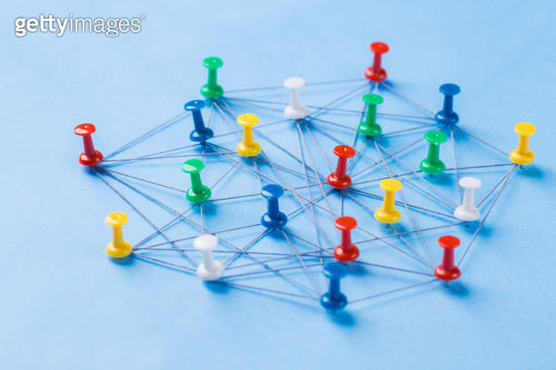 Small network of pins (Thumbtack)and string, An arrangement of colorful ...