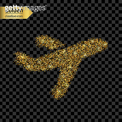 Gold glitter vector icon of airplane isolated on background. Art creative concept illustration ...