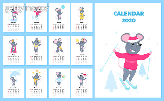 Calendar for 2020 from Sunday to Saturday. Cute rats in different ...