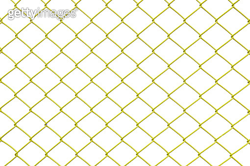 Closeup yellow metal net at fence isolated on white background 이미지 ...