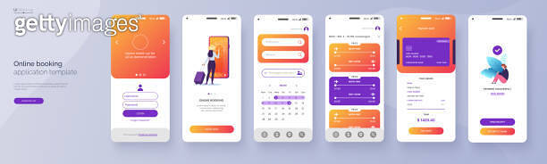 Online booking service mobile application template. UI, UX, GUI design elements. Travel ...