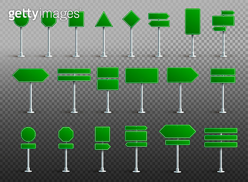 Set Of Green Traffic Signs. Road Board Text Panel, Mockup Signage Direction Highway City ...