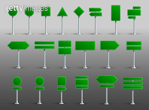 Set Of Green Traffic Signs. Road Board Text Panel, Mockup Signage Direction Highway City ...