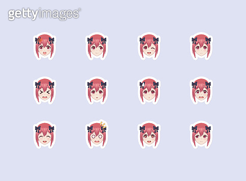 Set of emotional stickers head anime manga girl 이미지 (1136532003) - 게티이미지뱅크