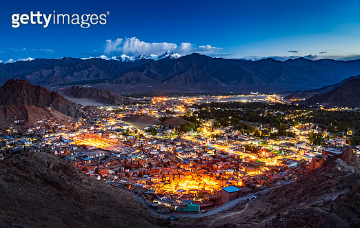 Aerial view of Leh city at night, Ladakh, India (1170029787) - 게티이미지뱅크