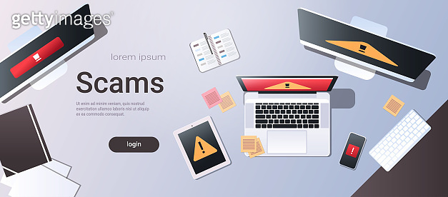 scam alert internet fraud hacking scams concept top angle view desktop ...