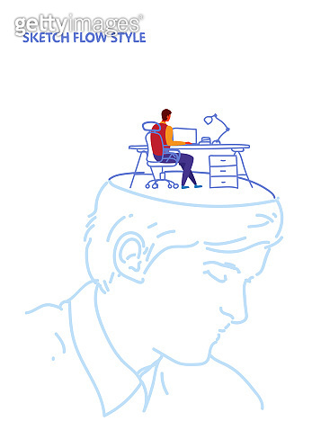 open human head man sitting at workplace using laptop office furniture ...
