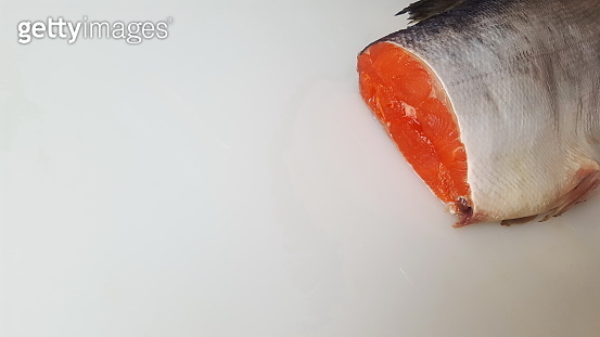 Red sockeye salmon. A piece of cut red fish. Sockeye salmon in the ...