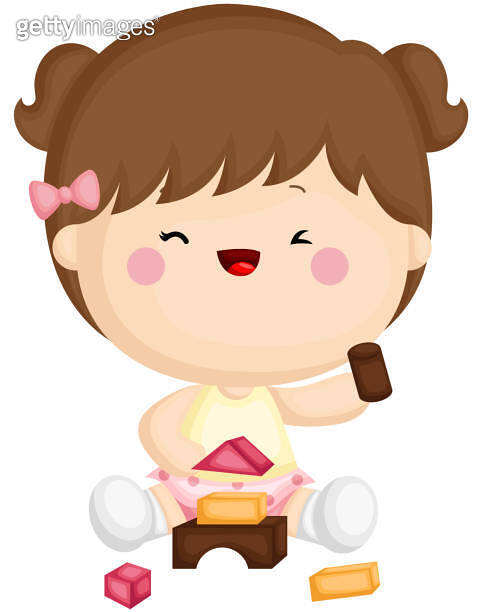 A vector set of a cute little girl sit down and play wooden blocks 이미지 ...