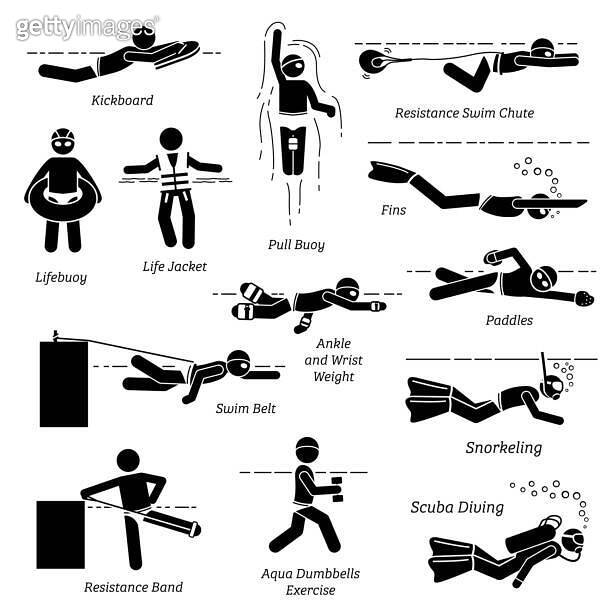 Swimmers using swimming gears, tools, and equipment for training in ...