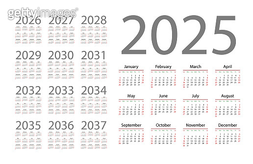 English calendar for years 2025-2037, week starts on Sunday (1145345999 ...