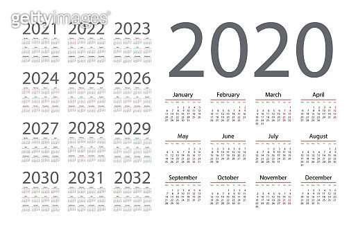 English calendar for years 2020-2032, week starts on Monday (1145345901 ...