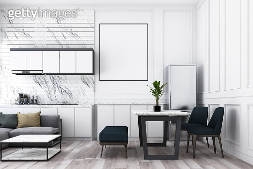 Modern luxury living and dining area front of kitchen with classic wall ...