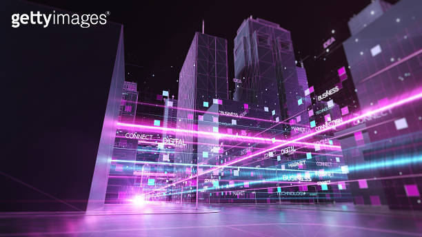 Digital skyscrappers with wireframe texture. Technology and connection ...