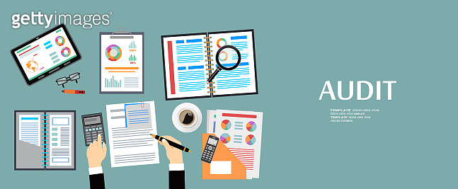 Auditing concepts. Auditor at table during examination of financial report. Tax process ...