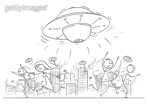 Cartoon Drawing of Crowd of People Running in Panic Away From UFO or ...