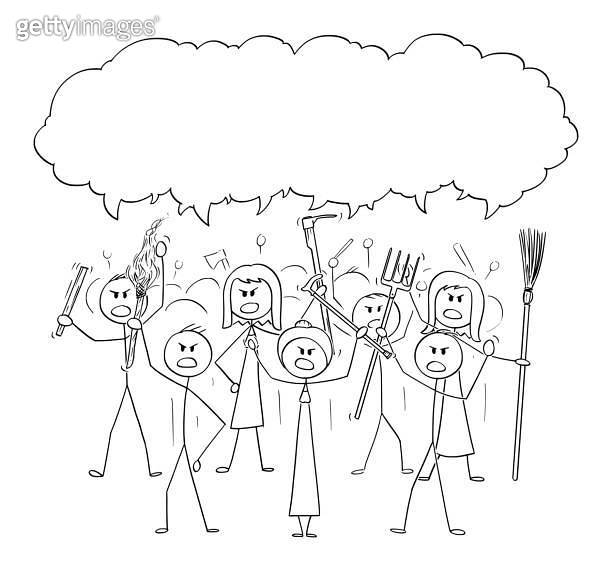 Vector Cartoon of Angry Mob Stick Characters with Tools as Weapons and ...