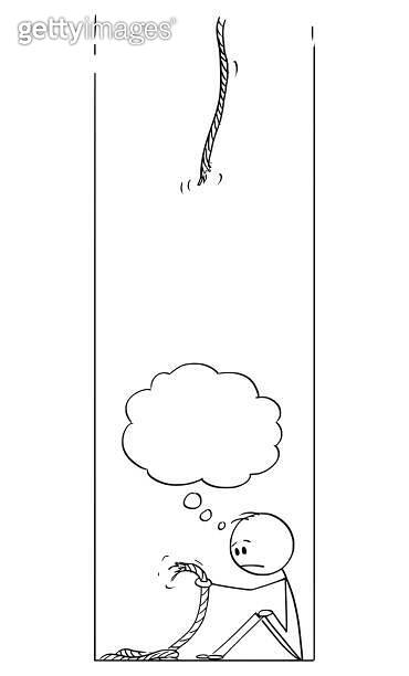 Vector Cartoon of Man Trapped in Hole, Holding Broken Rope and Thinking ...