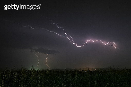 Lightning bolt travels through the sky while other lightning bolts hit ...