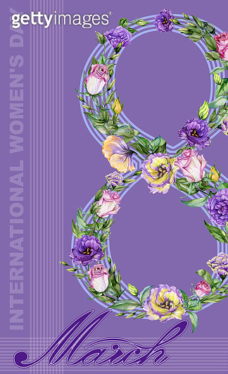 Eight March greeting card. Sign 8 March decorated with beautiful rose ...