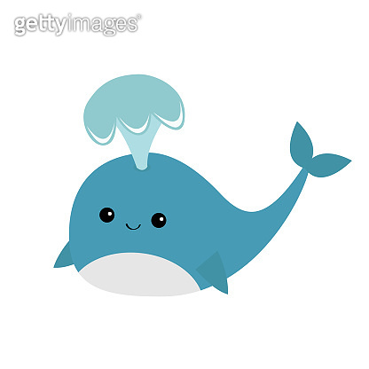 Blue whale with fountain. Sea ocean life. Cute cartoon character with ...