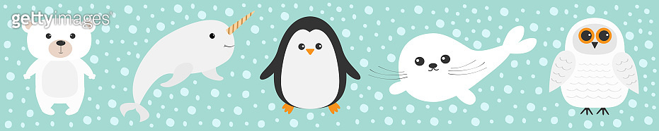 Arctic polar animal set line. White bear, owl, penguin, Seal pup baby ...