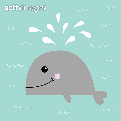 Gray whale with water fountain. Sea ocean life. Cute cartoon character ...