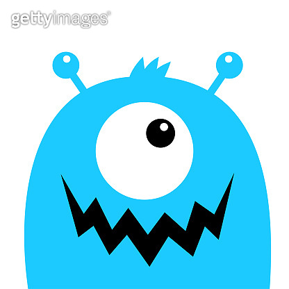 Monster head blue silhouette. One eye, teeth fang mouth, horns. Cute ...