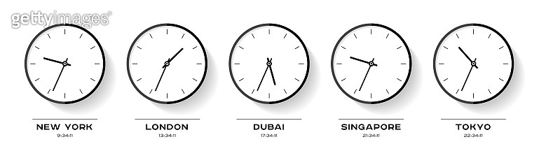 World time. Simple Clock icons in flat style. New York, London, Dubai ...
