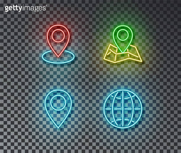 Neon map point signs vector isolated on brick wall. Map pin, location ...