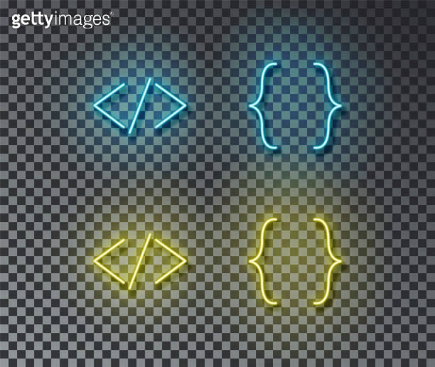 Neon coding signs vector isolated on brick wall. Block code, web ...